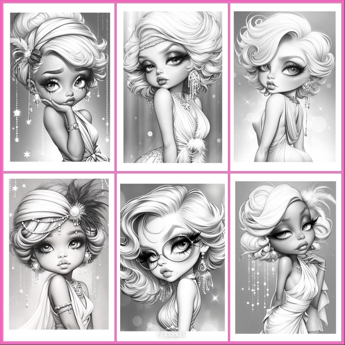 Glamorized Girls Coloring Pages: Grayscale PDF (30 Images) - Etsy