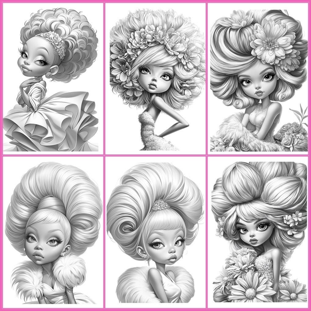 Big Hair Girls Coloring Pages: 32 Grayscale Images (PDF) - Etsy