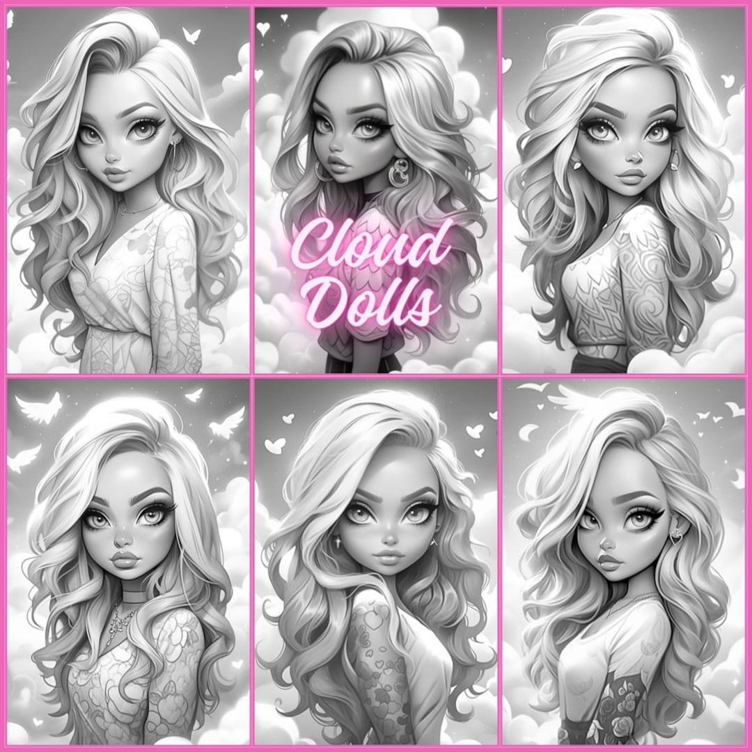 21. Grayscale Coloring PDF, Images of Beautiful Cloud Dolls. - Etsy