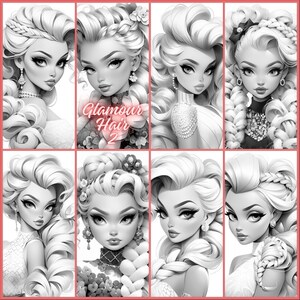 34 Grayscale Coloring, PDF, Images of Glam Hair 2 - Etsy