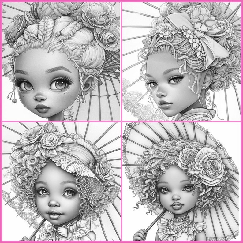 34. Grayscale Coloring PDF, Images of Beautiful, Parasol Princesses. - Etsy