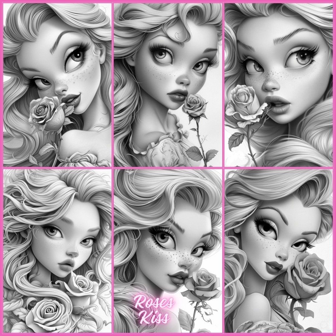 21. Grayscale Coloring PDF Images of Beautiful Roses Kiss Girls. - Etsy