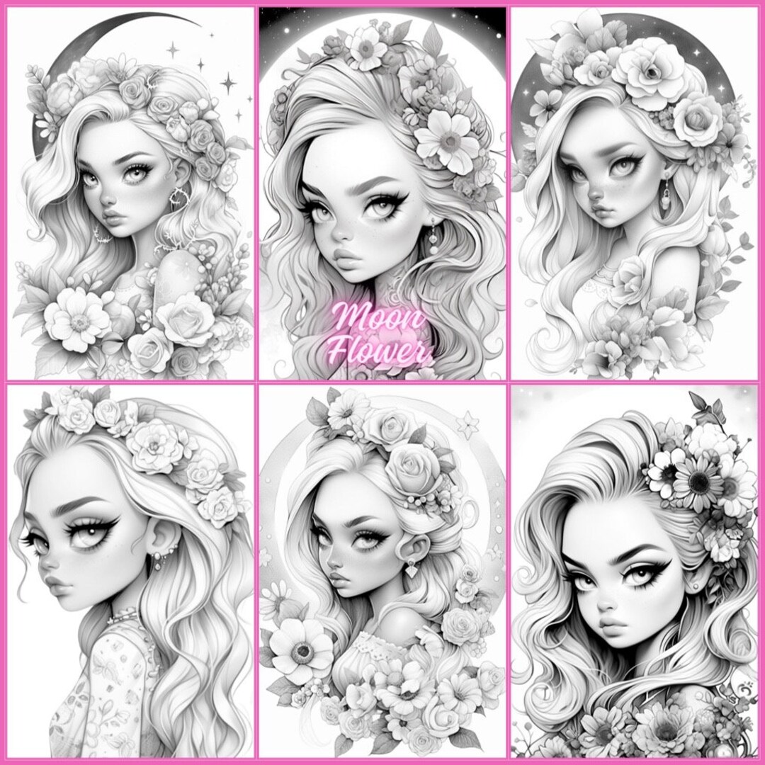 27 Grayscale Coloring PDF, Images of Beautiful Moonflower Girls - Etsy