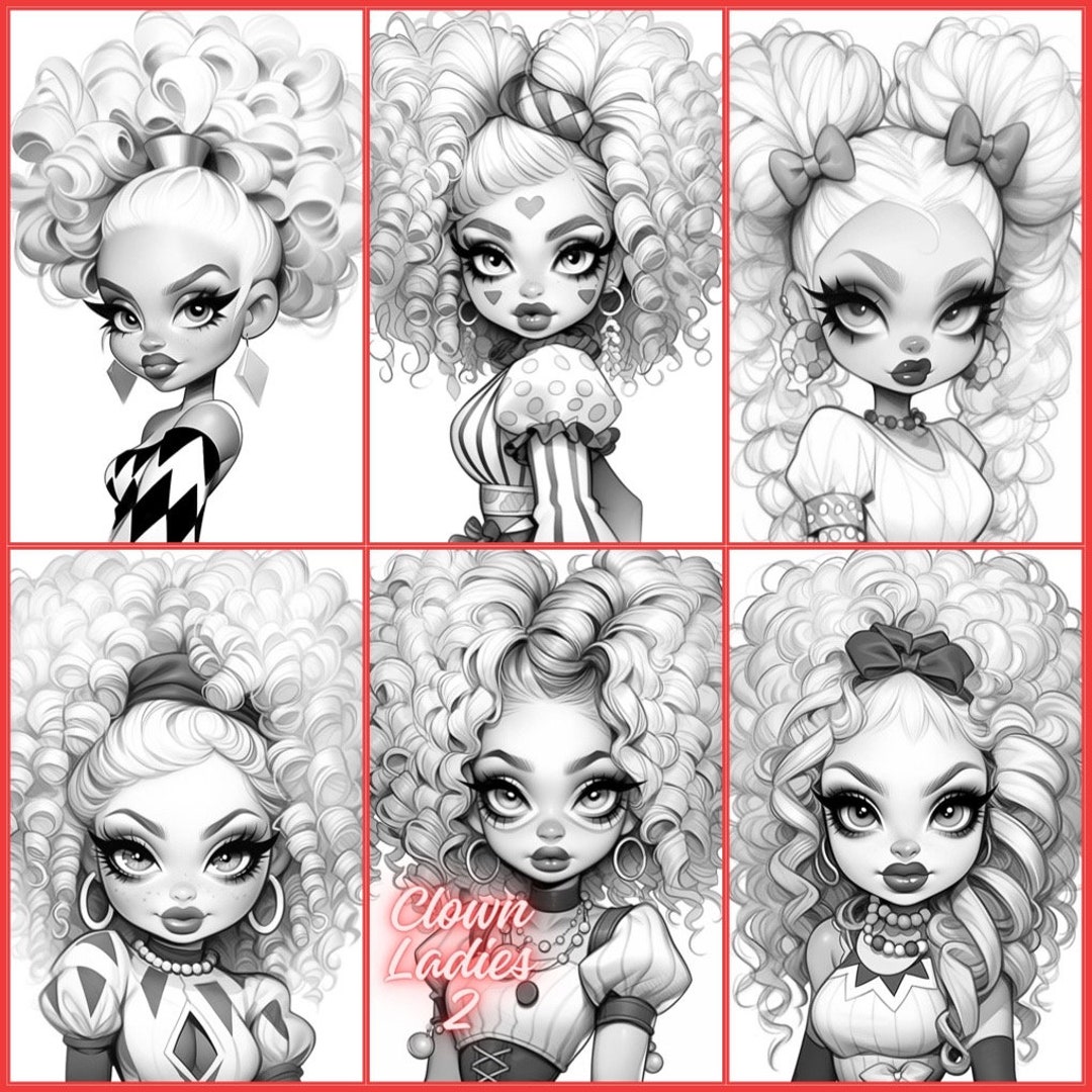 21. Grayscale Coloring PDF Images of Super Cute Clown Ladies. 2 - Etsy