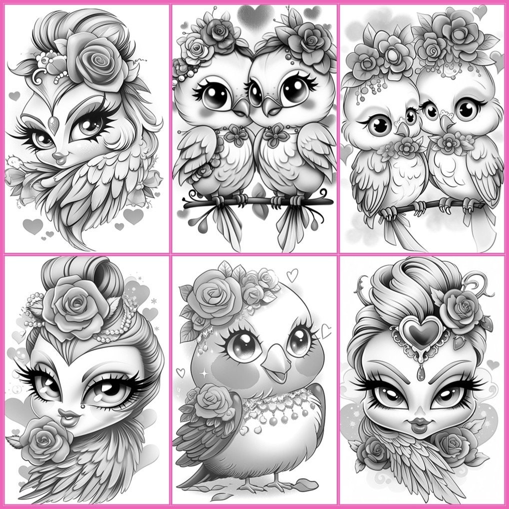 24. Grayscale Coloring PDF Images of Super Cute, Lovely Birds. - Etsy
