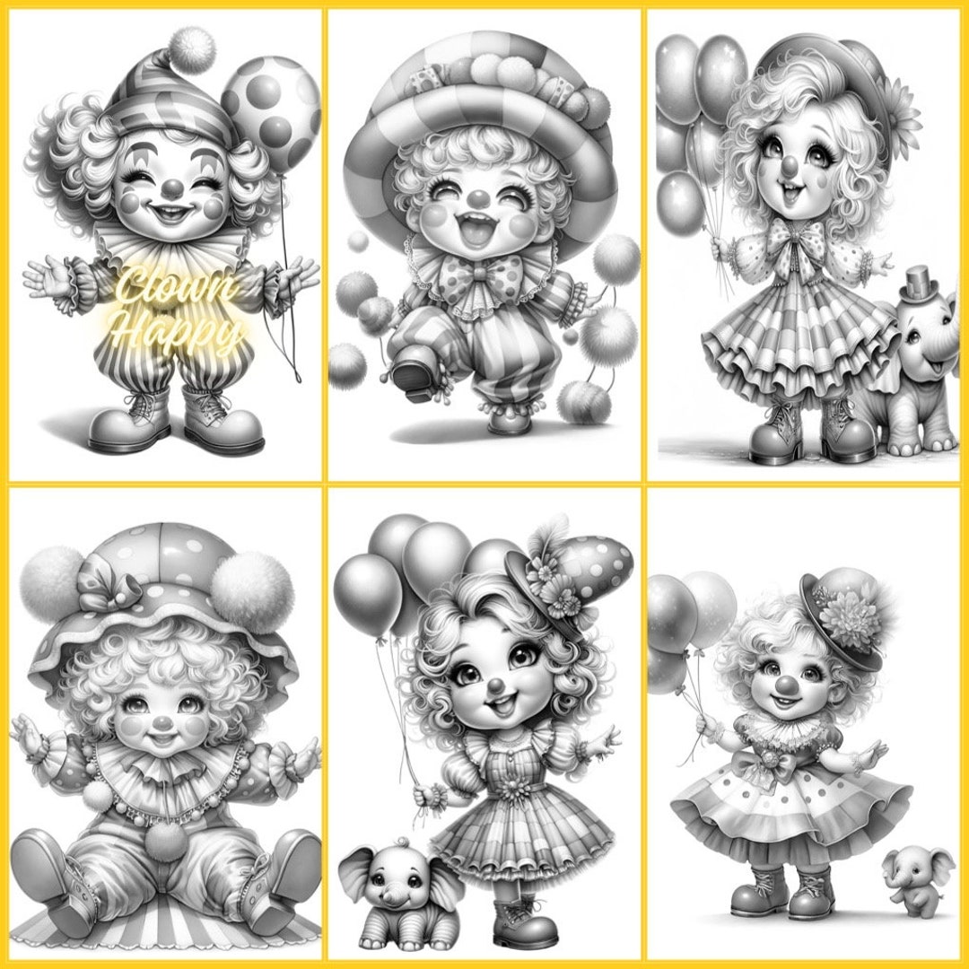 24 Grayscale Coloring PDF Images of Super Cute Clown Happy - Etsy