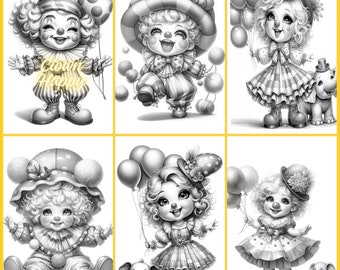 21. Grayscale Coloring PDF Images of Super Cute Clown Ladies. 2 - Etsy