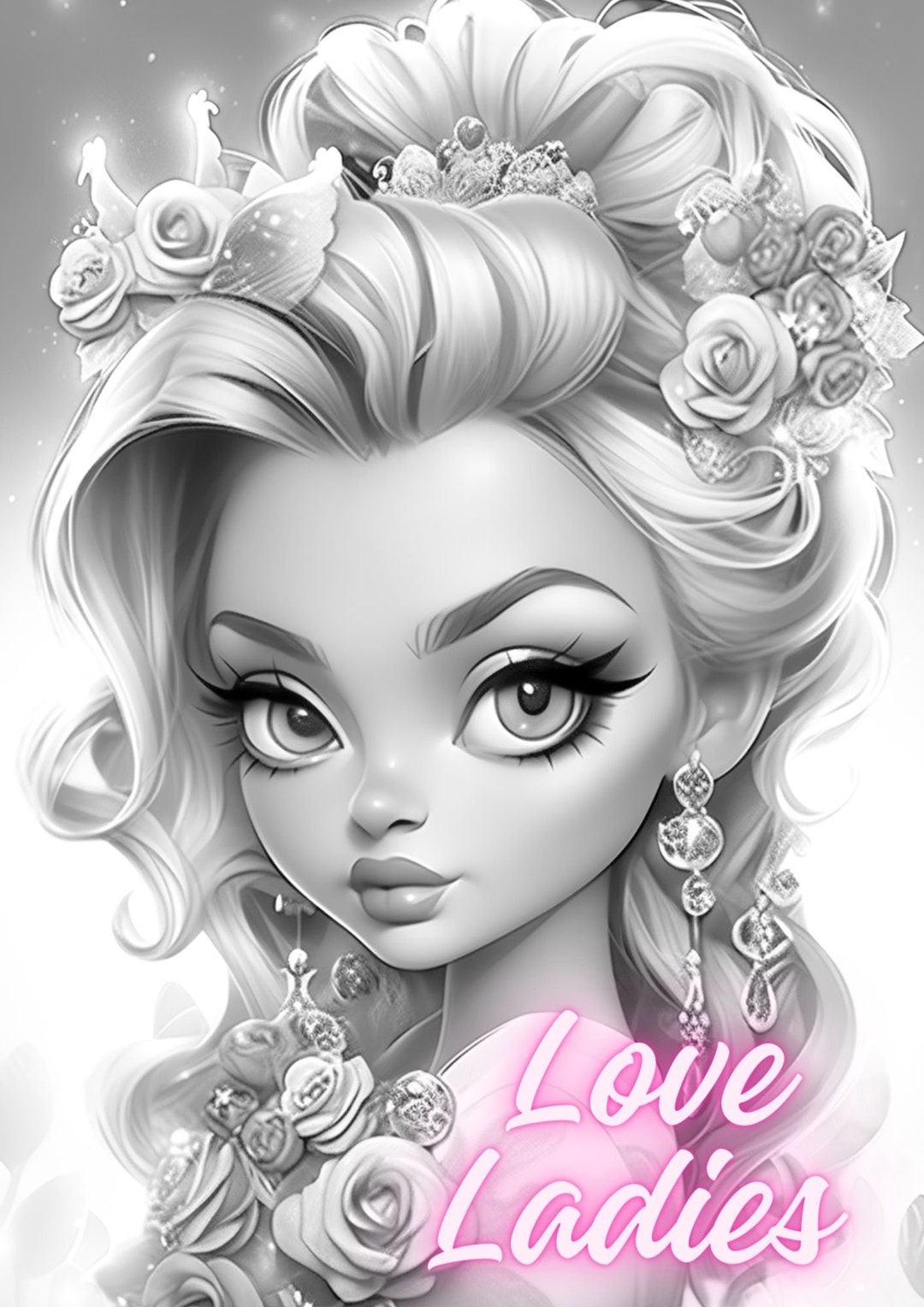 25 Grayscale Coloring PDF Images of Beautiful Love Ladies - Etsy