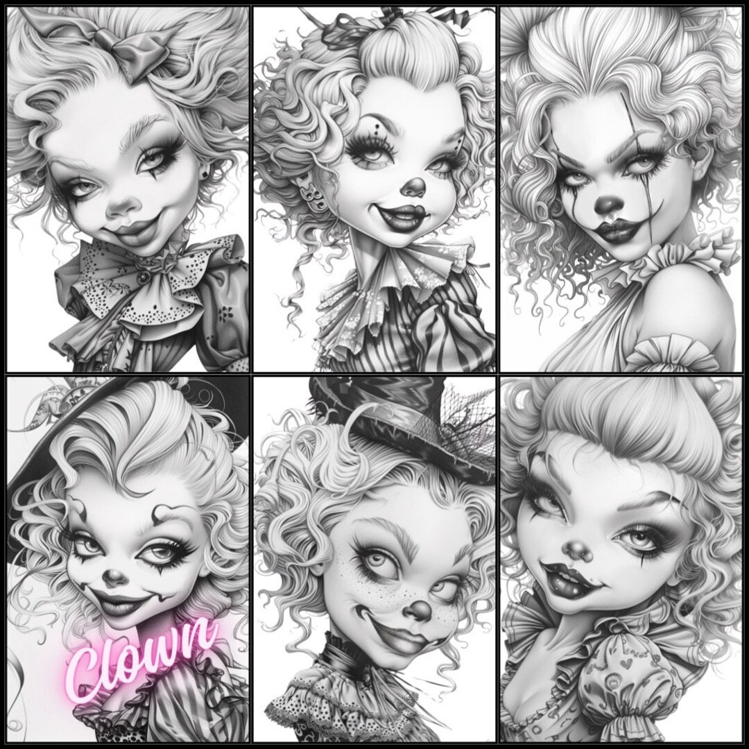 24 Grayscale Coloring PDF Images of Super Cute Clowns - Etsy