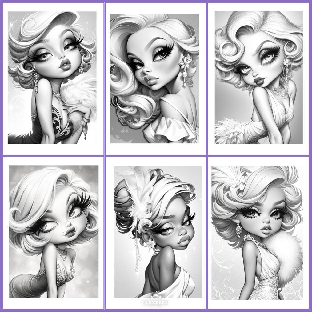 Glamorized Girls Coloring Pages: Grayscale PDF (30 Images) - Etsy