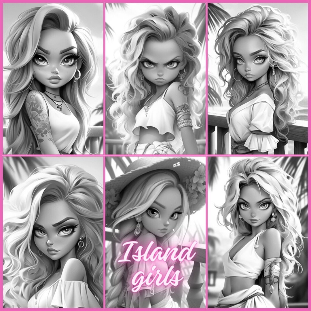 23. Grayscale Coloring PDF Images of Super Cute Island Girls. - Etsy