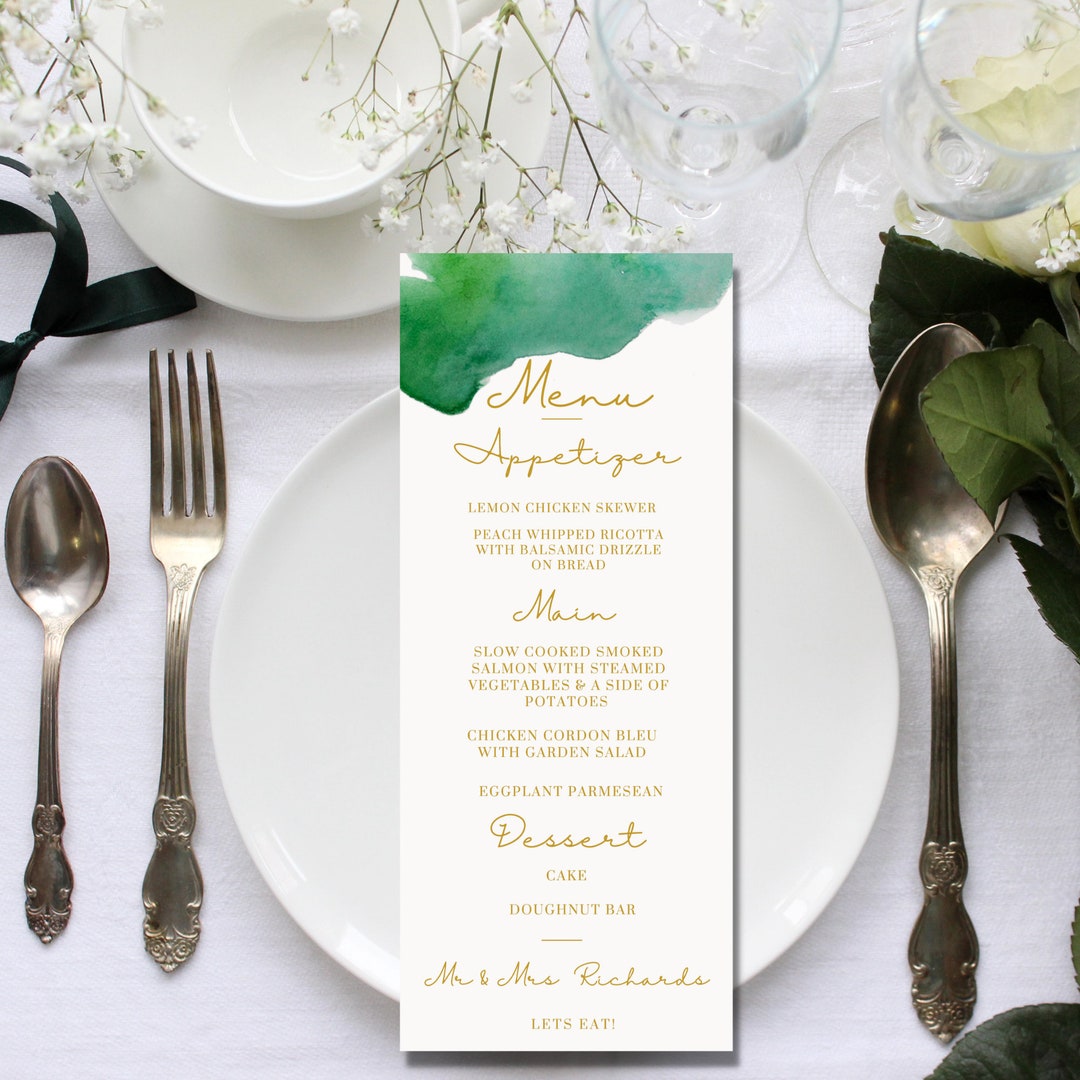 Emerald Green Menu, Simple Menu Template, Wedding Menu Card for Buffet ...
