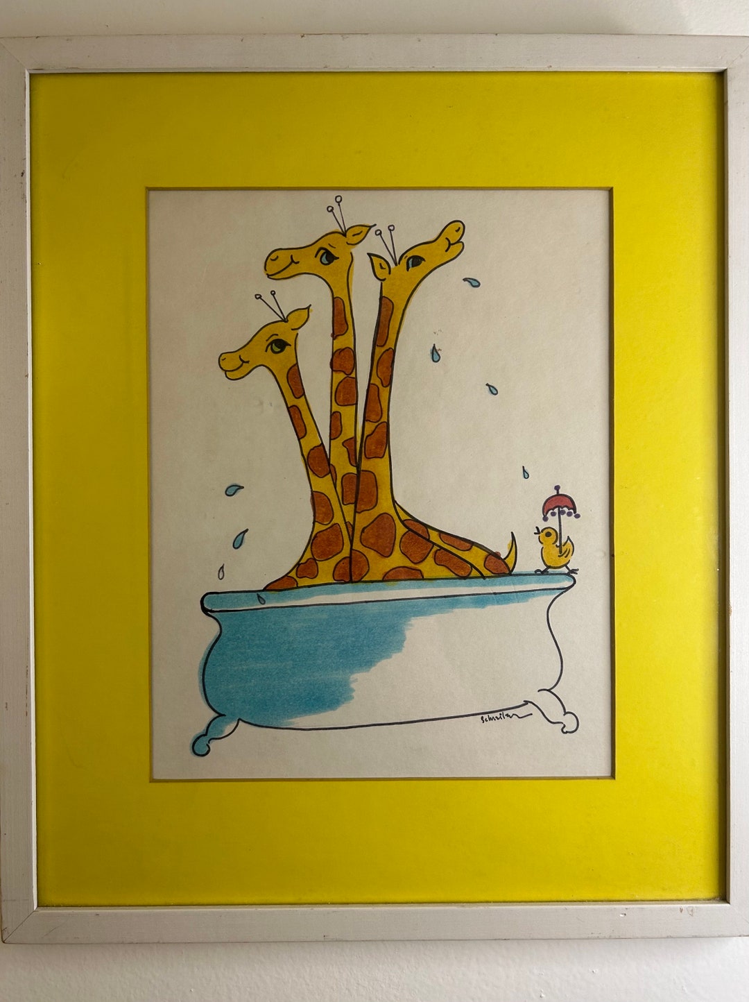 Charming Giraffes and Duck in Bathtub Drawing Hand-colored and Signed ...