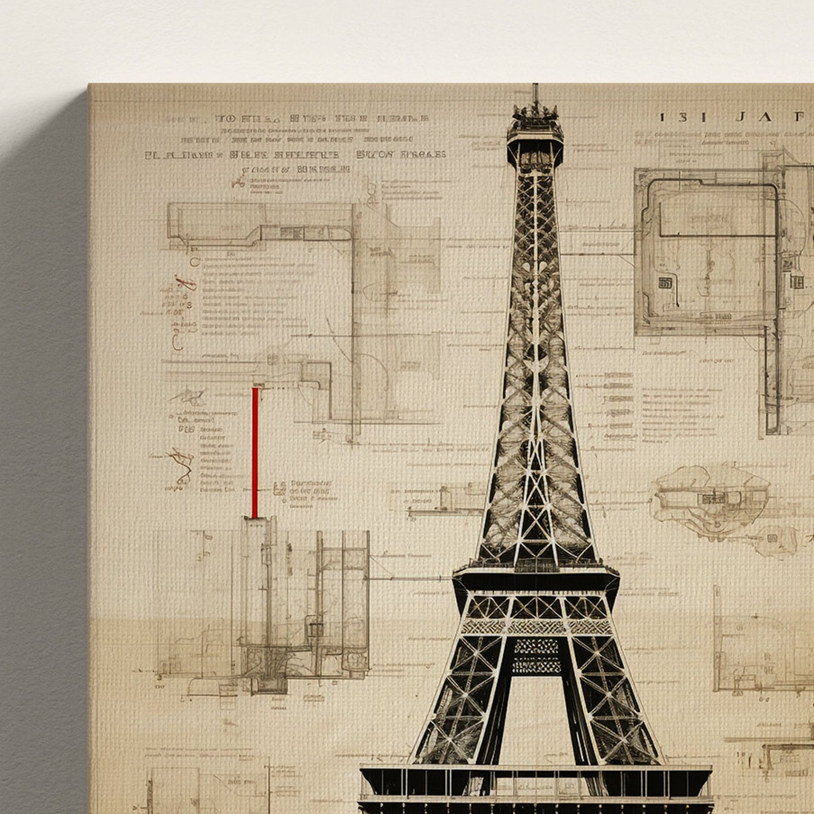 Diagrammatic Sketch of Eiffel Tower Blueprint Vintage Wall Art Print ...