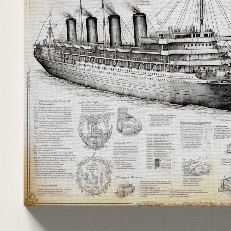 RMS Titanic Vintage Diagrammatic, Blueprint, Wall Art Print, Hand Drawn ...