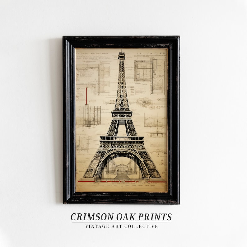 Diagrammatic Sketch of Eiffel Tower Blueprint Vintage Wall Art Print ...
