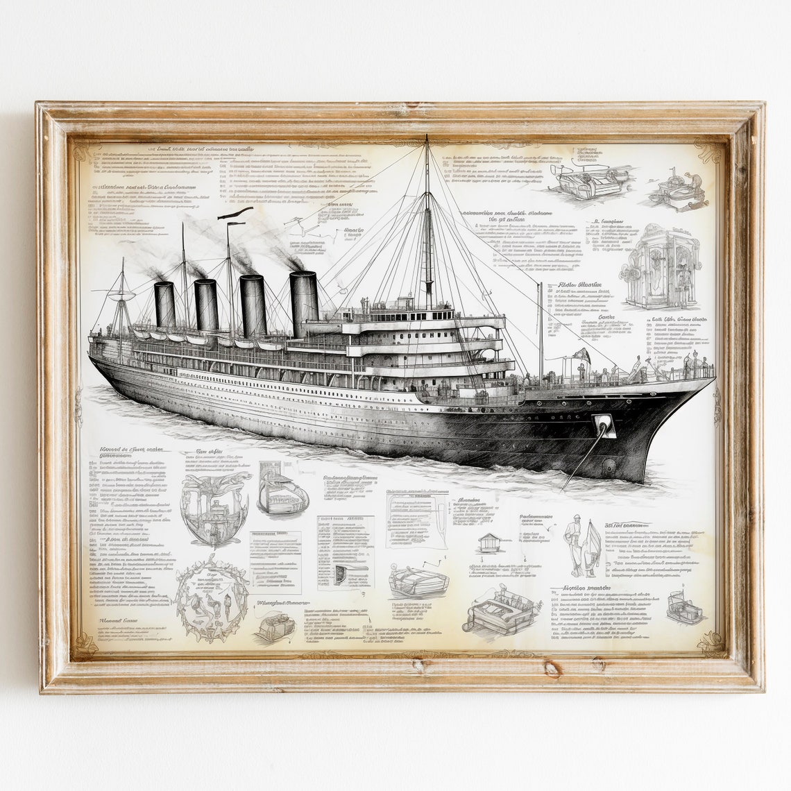 RMS Titanic Vintage Diagrammatic, Blueprint, Wall Art Print, Hand Drawn ...