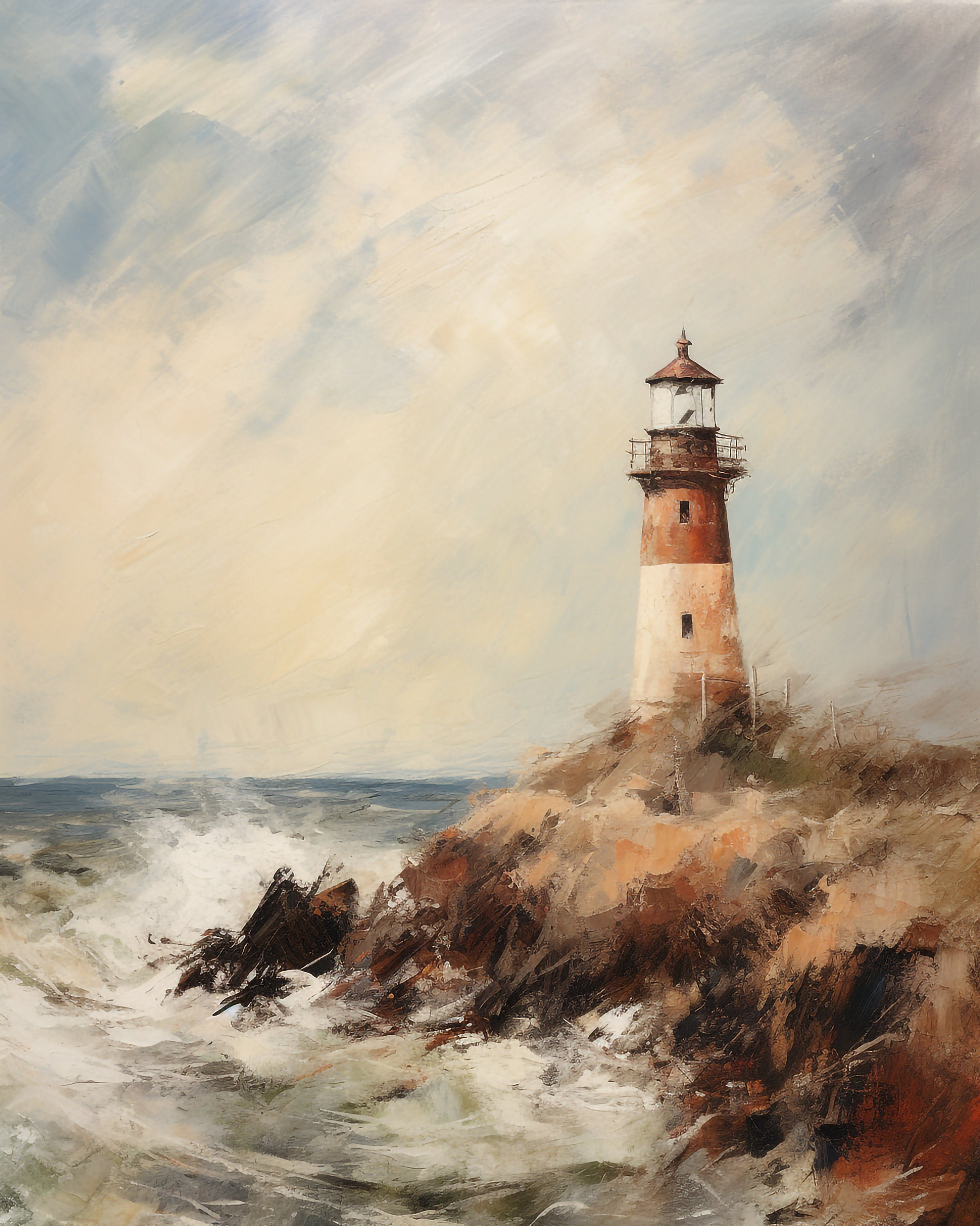 Vintage Lighthouse Print, Stormy Ocean Seascape Nautical Landscape Sea ...