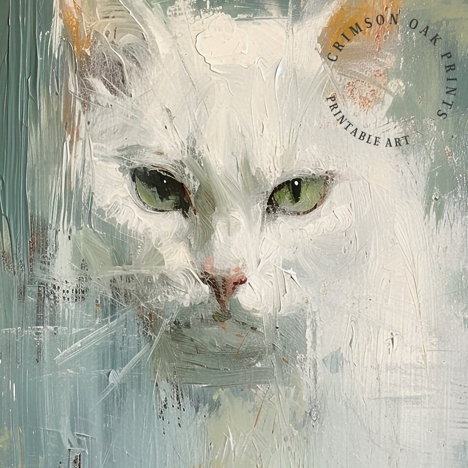 Impressionist White Cat Painting , Classic Cat Portrait , Animal Art Print Vintage Print Cat ...