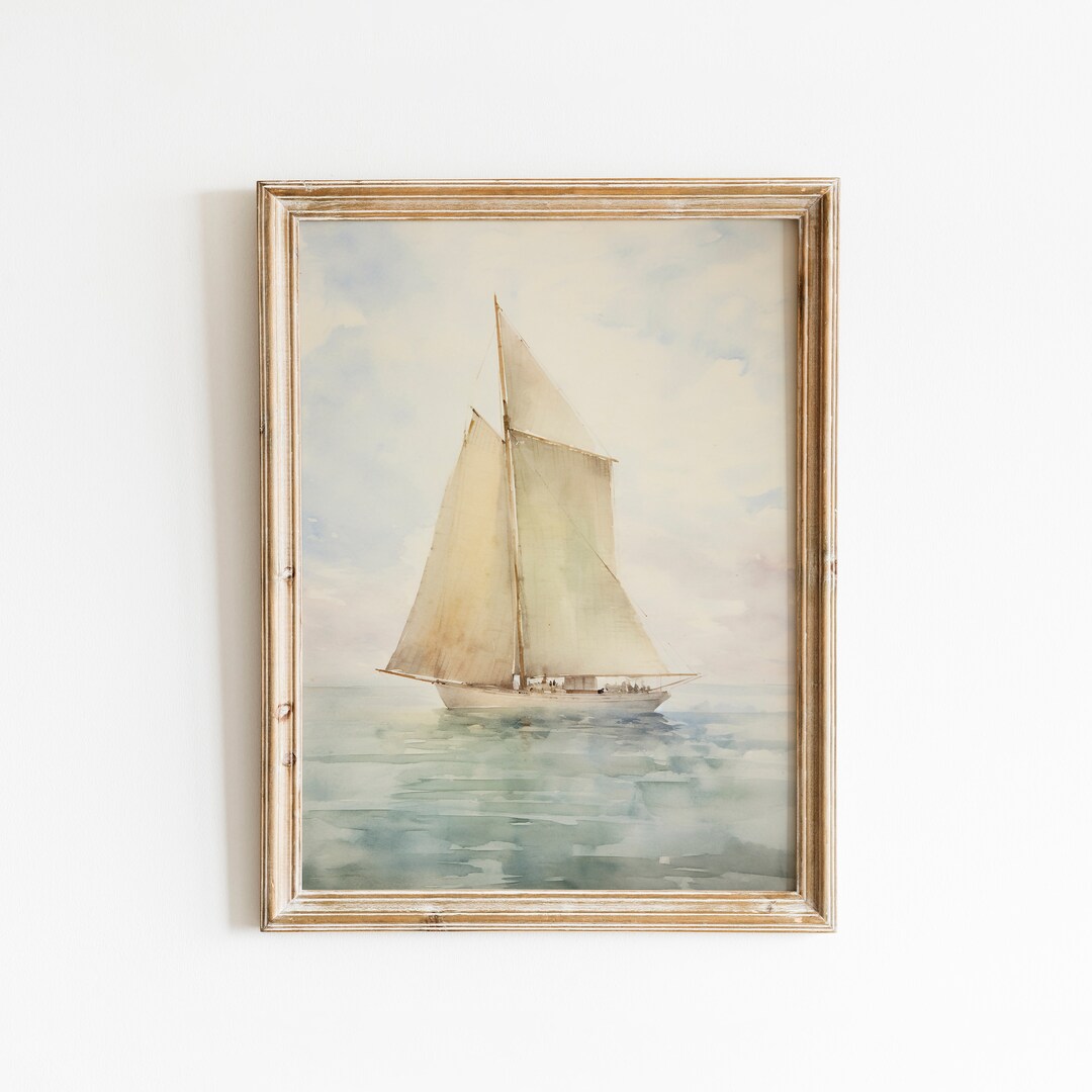Vintage Sailboat Painting, Watercolor Sailboat Painting Printable ...
