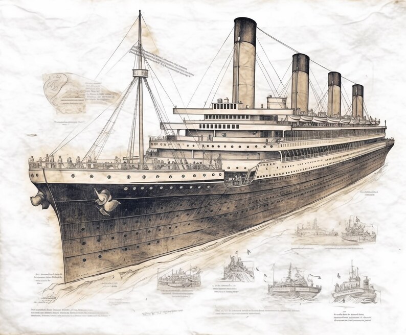 Vintage RMS Titanic Drawing Hand Drawn Blueprint Wall Art - Etsy