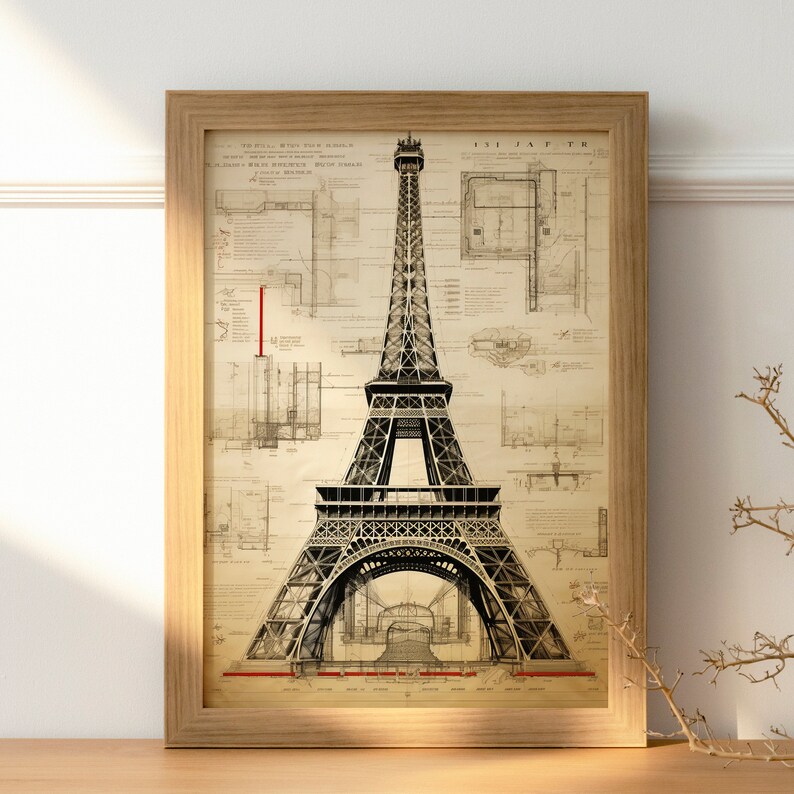 Diagrammatic Sketch of Eiffel Tower Blueprint Vintage Wall Art Print ...