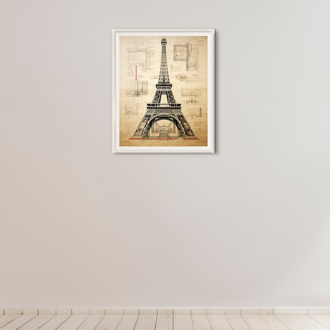 Diagrammatic Sketch of Eiffel Tower Blueprint Vintage Wall Art Print ...
