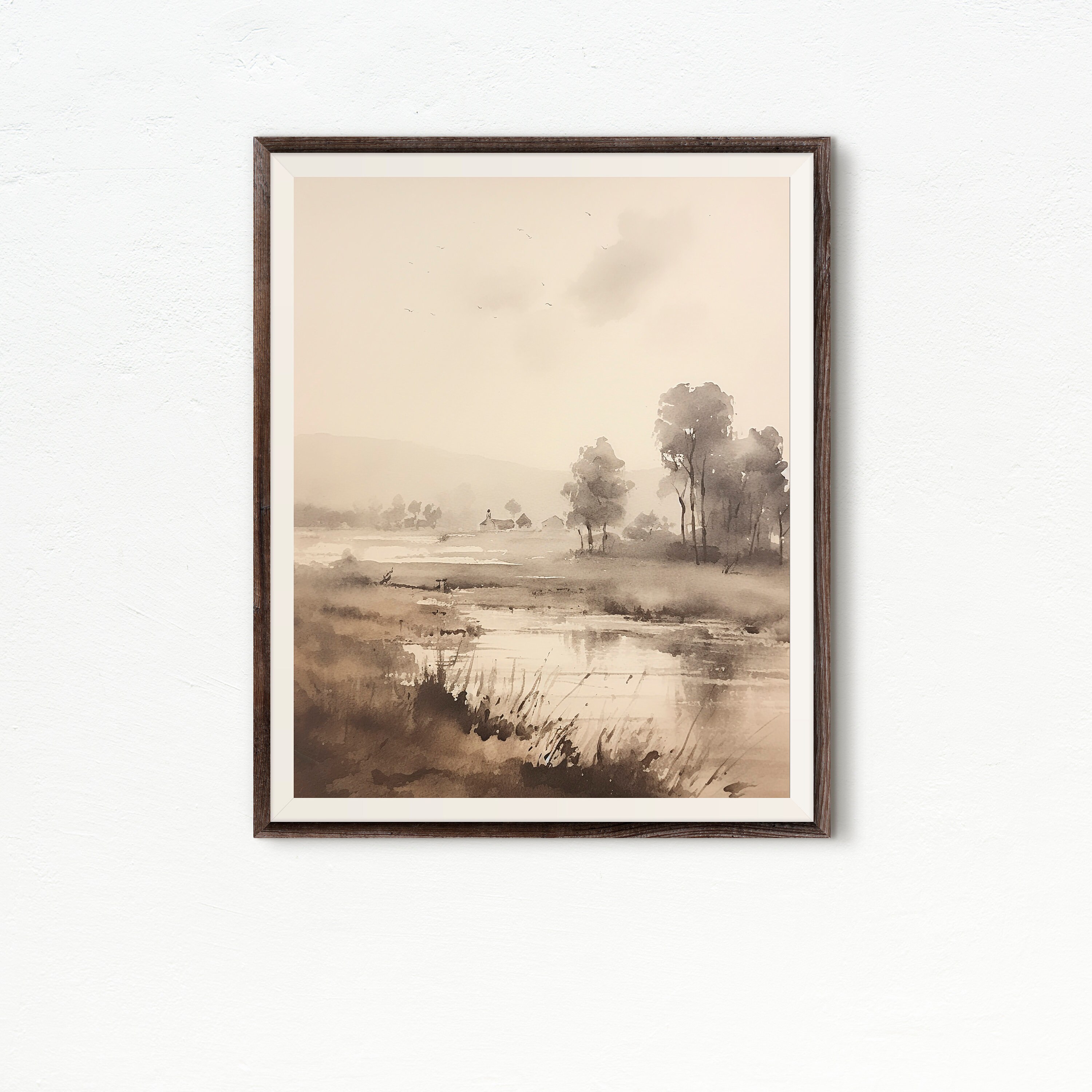 Vintage Watercolor Landscape Painting, Neutral Tones, Soft Neutral ...