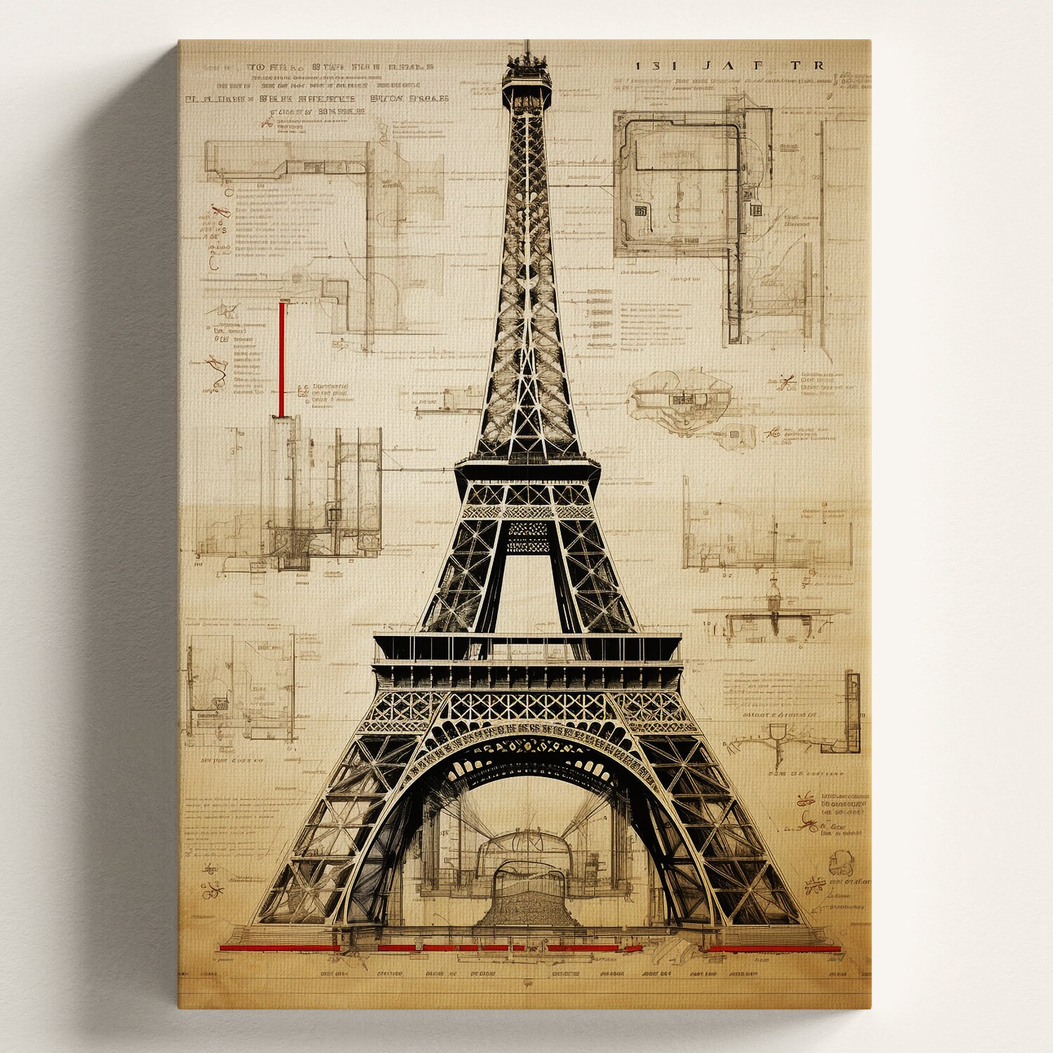 Diagrammatic Sketch of Eiffel Tower Blueprint Vintage Wall Art Print ...