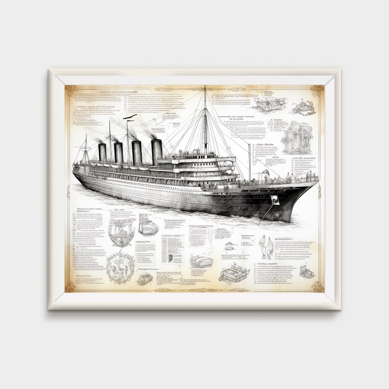 RMS Titanic Vintage Diagrammatic, Blueprint, Wall Art Print, Hand Drawn ...