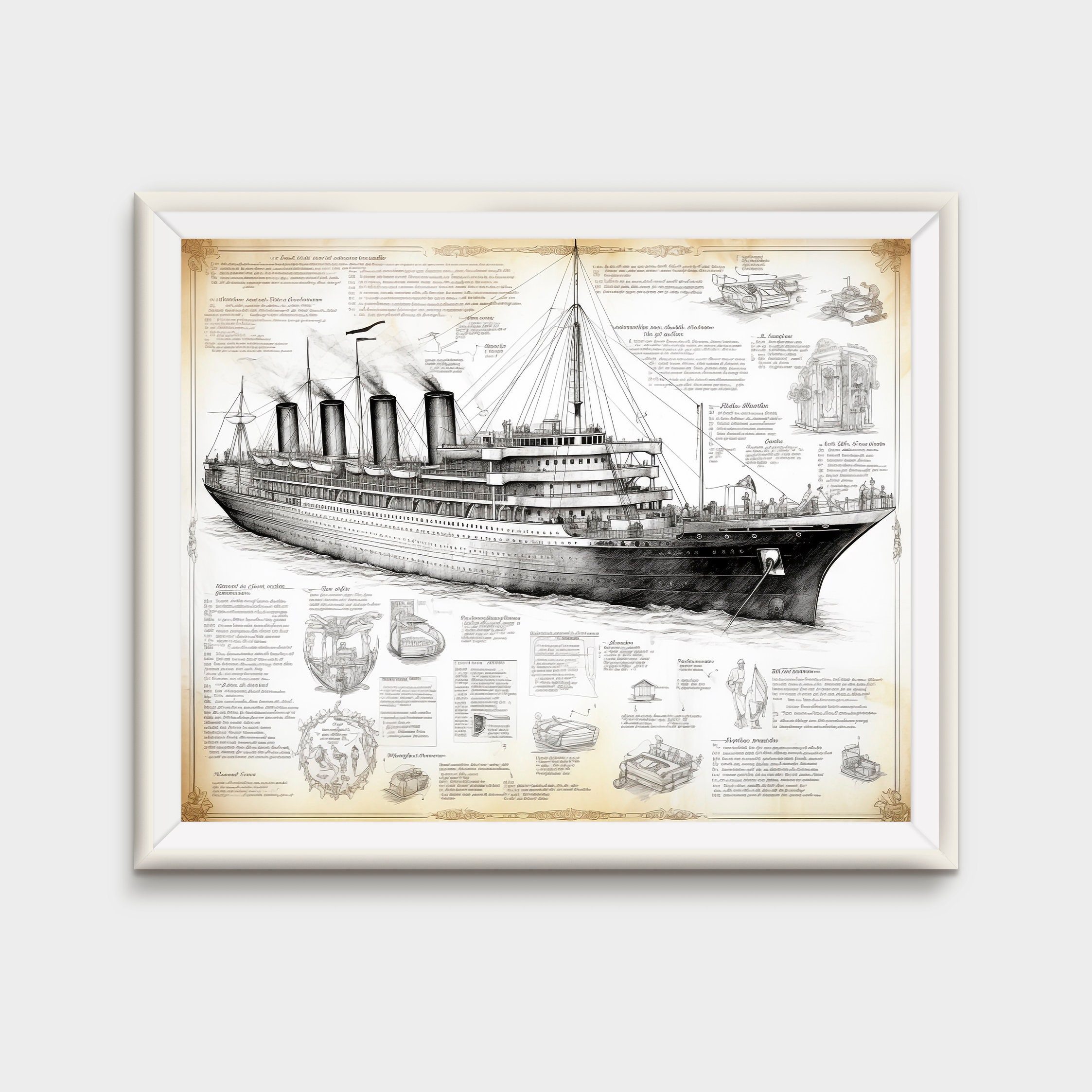 RMS Titanic Vintage Diagrammatic, Blueprint, Wall Art Print, Hand Drawn ...