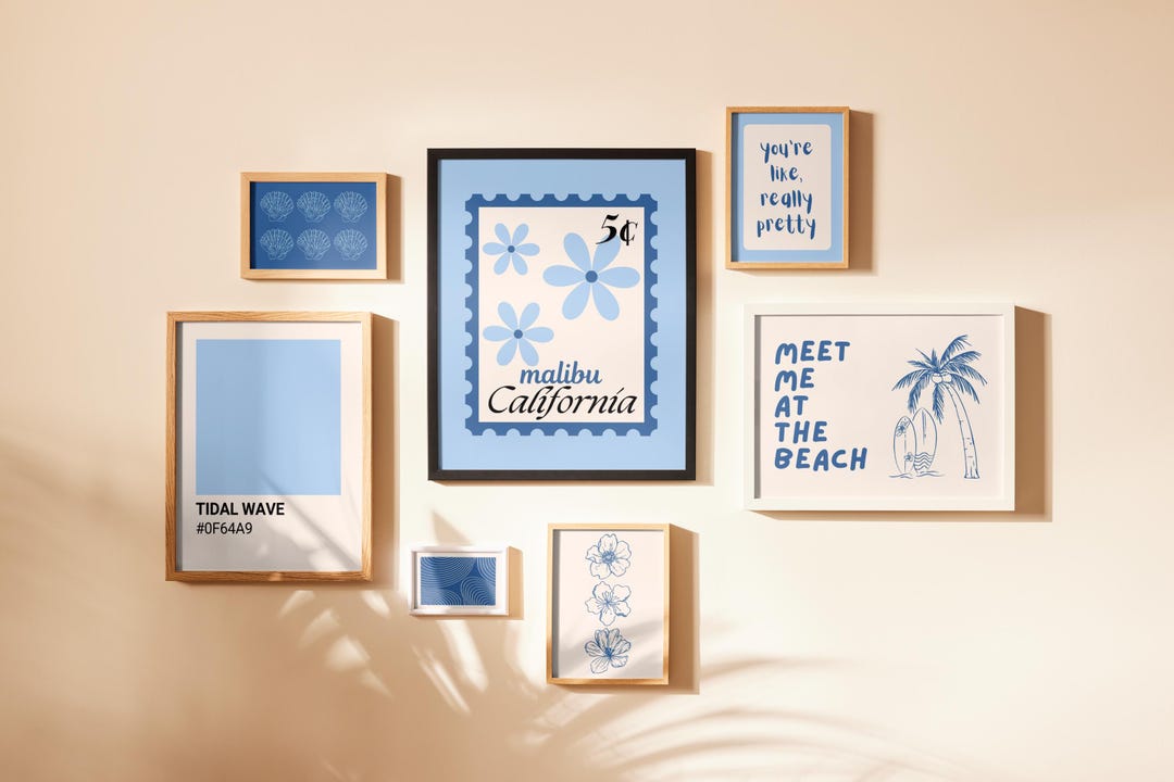 Blue Aesthetic Wall Art Set of 7 Bundle Prints Room Decor, Beach Wall ...
