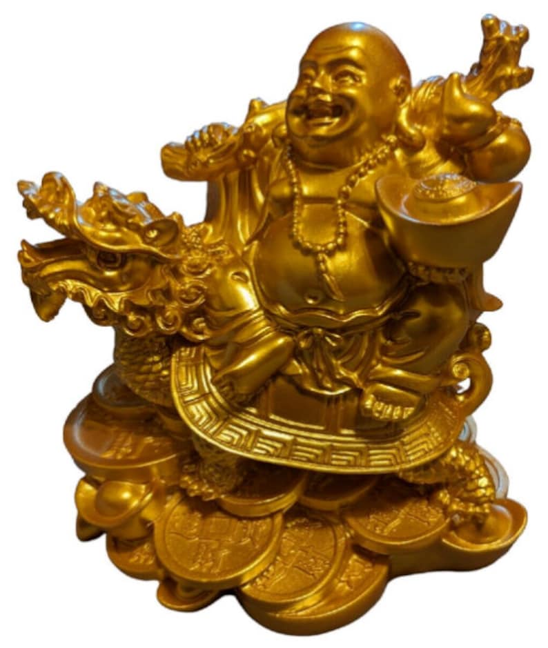 Laughing Buddha Statue Gold Resin Lucky Dragon Turtle Feng Shui Wealth ...