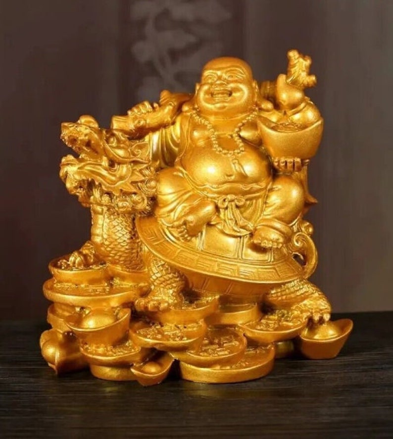 Laughing Buddha Statue Gold Resin Lucky Dragon Turtle Feng Shui Wealth ...