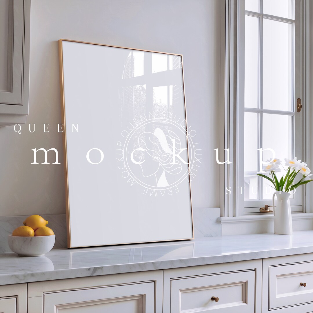 Vertical Gold Frame Photoshop Mockup Template in Kitchen Room Scene ...