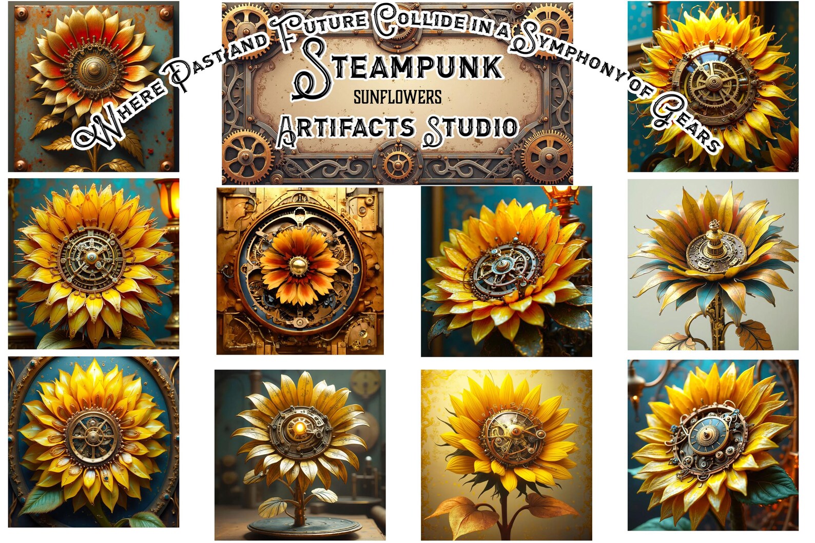 Steampunk Mechanical Sunflower Digital Papers - 12x12 Jpgs, PDF ...