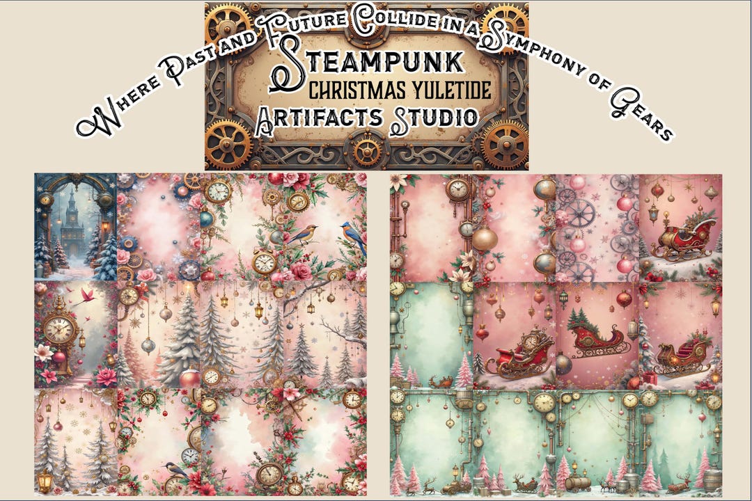 25 Steampunk Christmas Yuletide Digital Papers | Victorian Clockwork ...