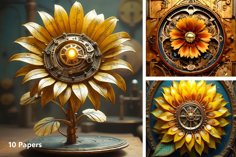Steampunk Mechanical Sunflower Digital Papers - 12x12 Jpgs, PDF ...