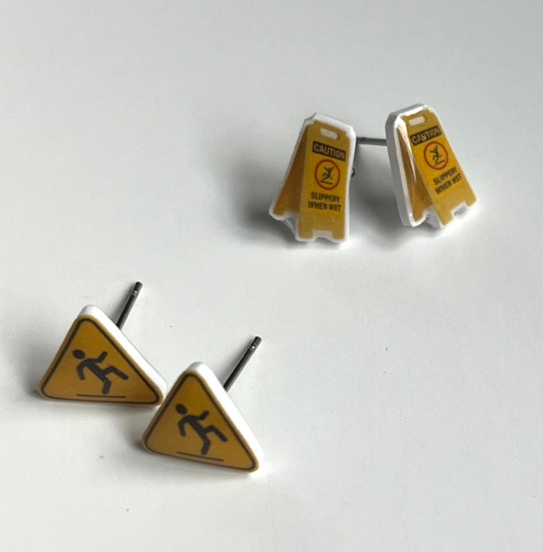 Caution Wet Floor Sign, Slippery When Wet Sign, Funny Earrings, Unique ...