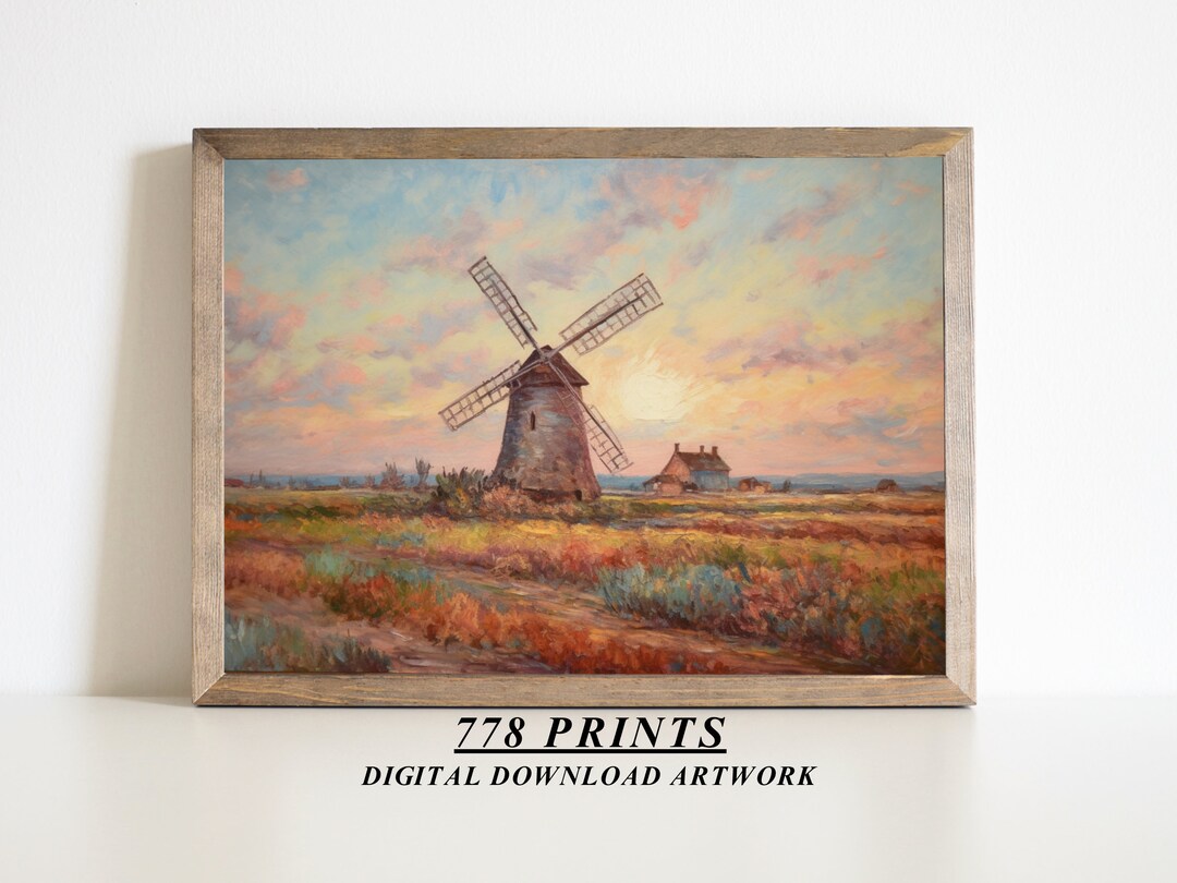 Windmill Oil Painting Sunset Wall Decor Colorful Vintage Art Digital ...