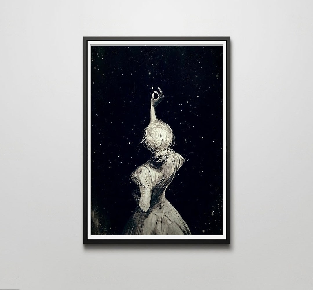 The Astronomer Print, Black Shining Sky Painting, Lady Picking Star ...