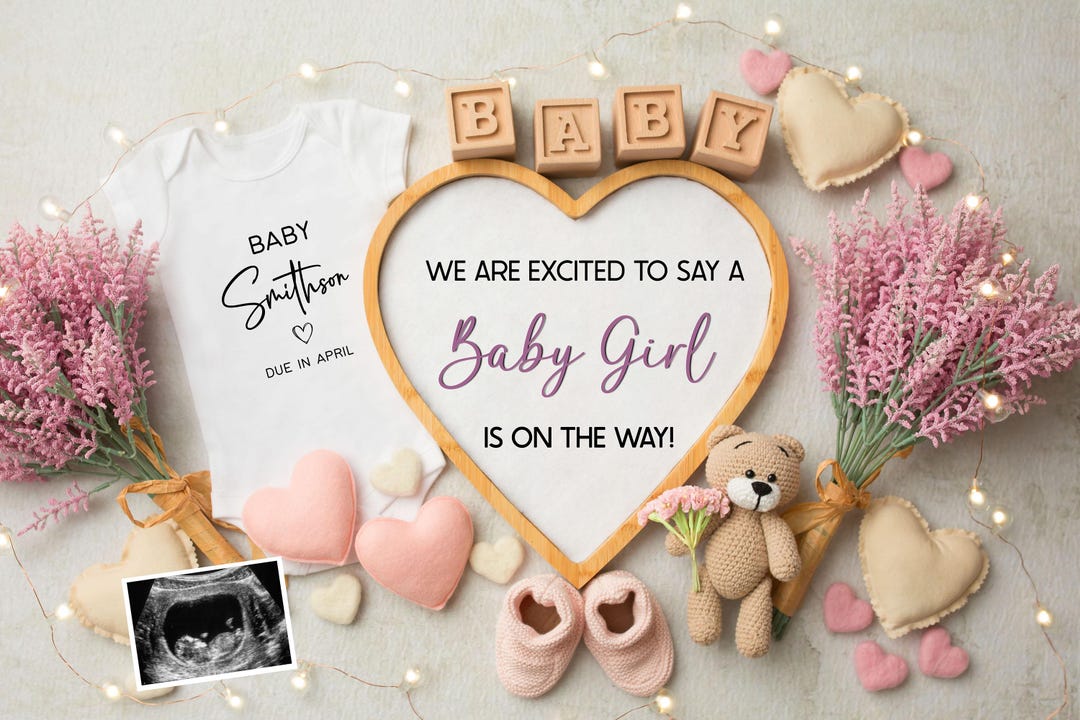 Girl Pregnancy Announcement Digital, It's A Girl Pink Gender Reveal ...