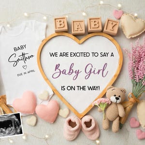 Girl Pregnancy Announcement Digital, It's A Girl Pink Gender Reveal ...