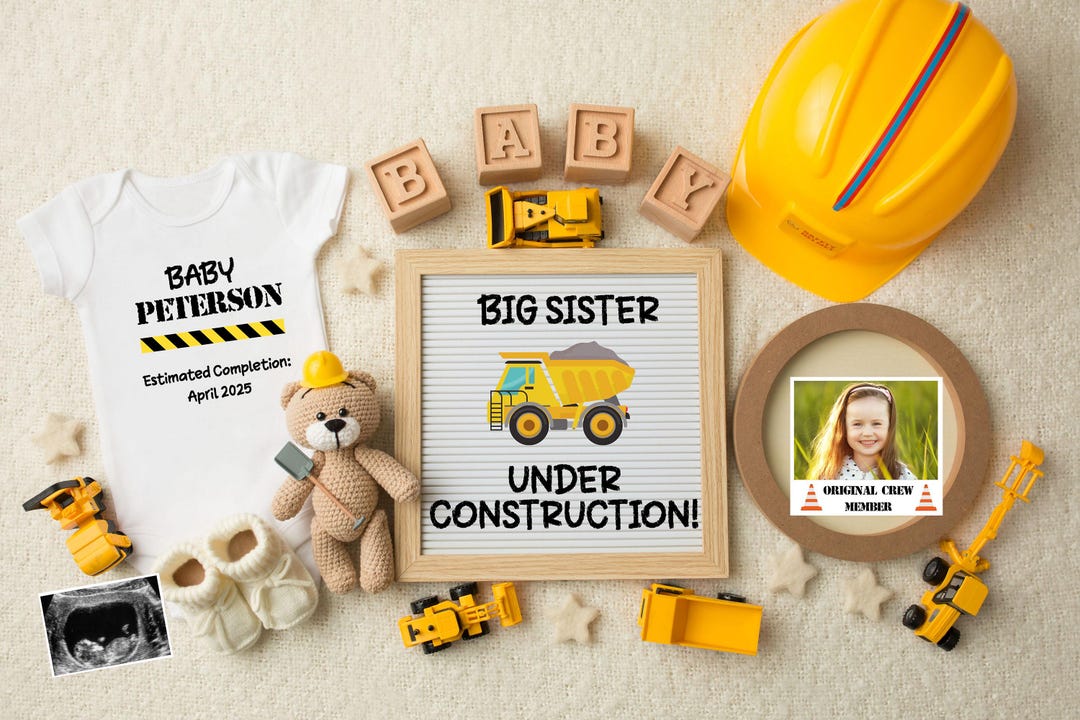 Big Sister Construction Pregnancy Announcement Digital, Second Baby ...