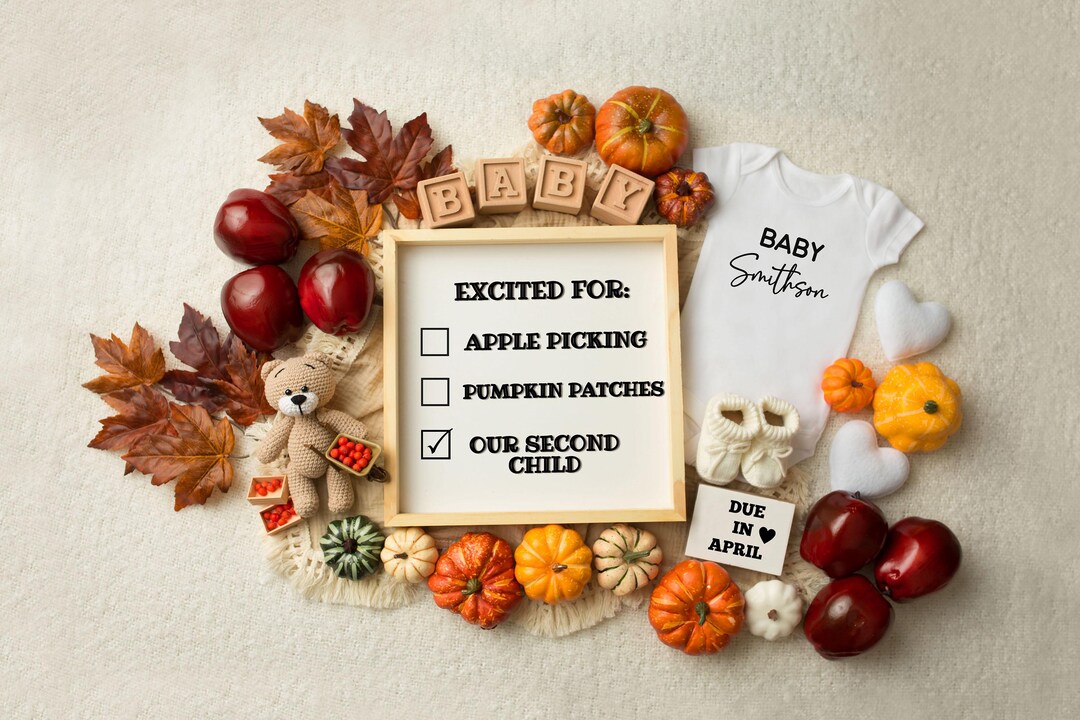 Second Baby Fall Pregnancy Announcement Digital, Baby Number 2 Autumn ...