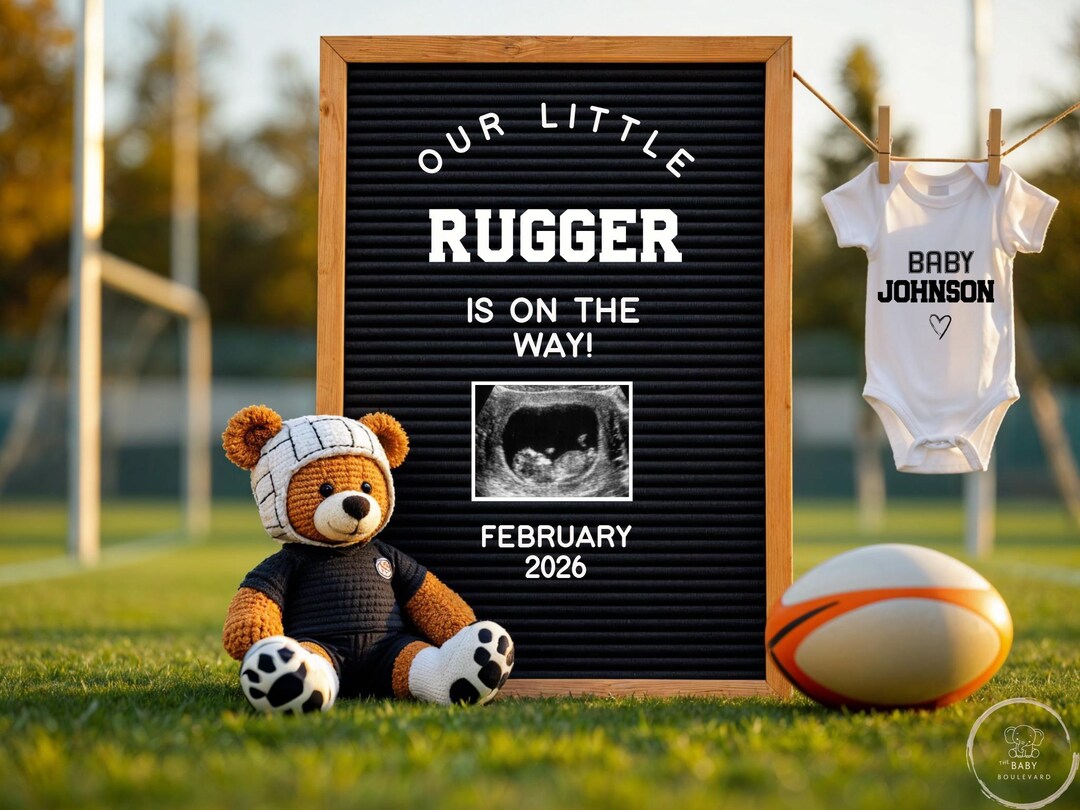 Rugby Pregnancy Announcement Digital, Cute Little Rugger Baby Reveal ...