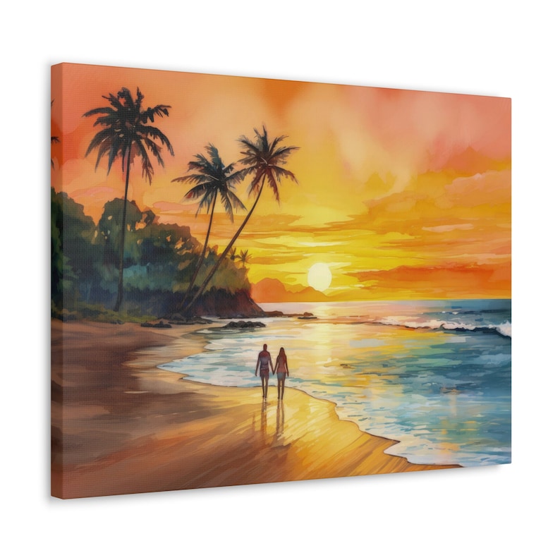 Sunset Beach Walk, Romantic Watercolor Canvas Art, Couple's Beachscape ...