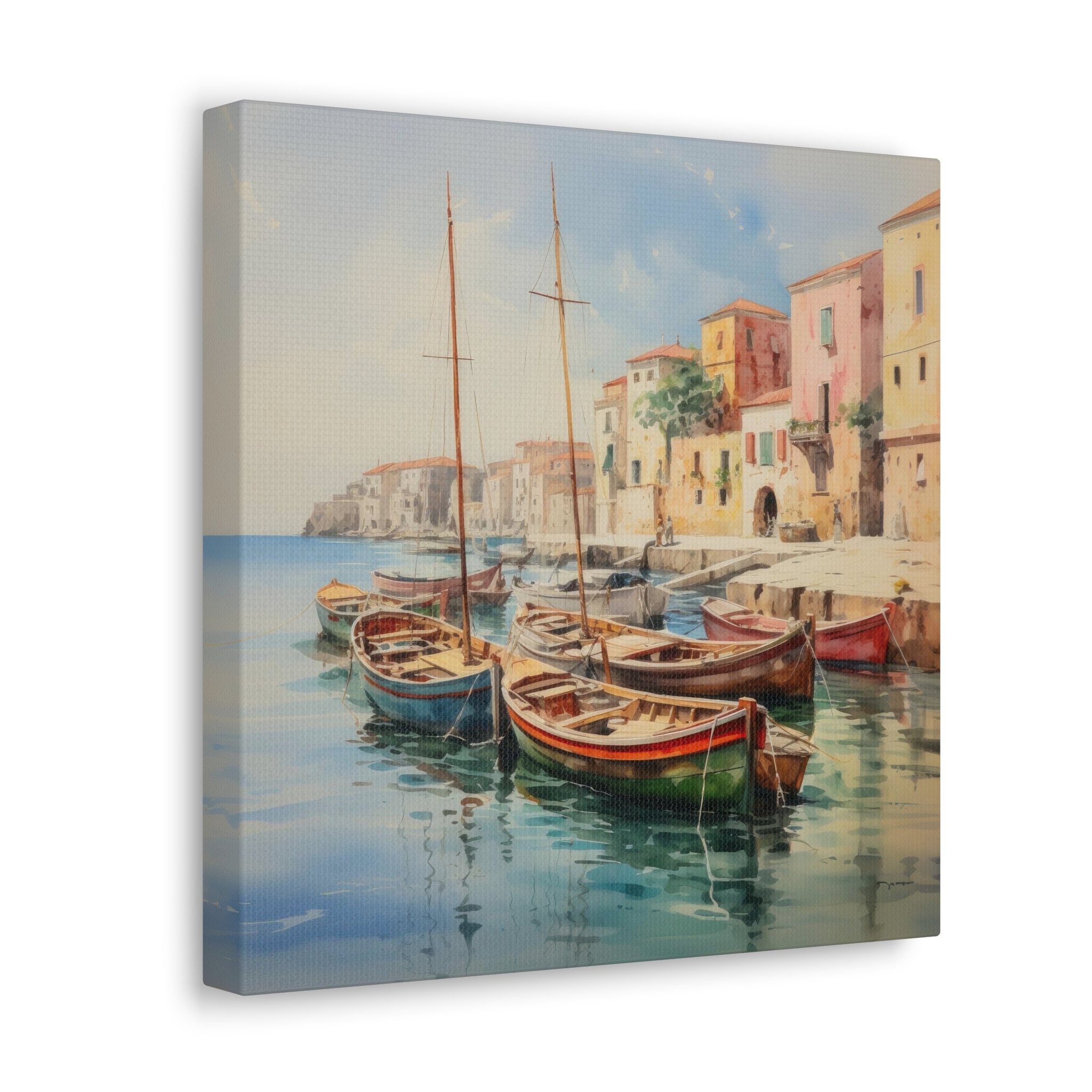 Vintage Italian Harbor Scene, Square Canvas Wall Art, Watercolor Boat ...