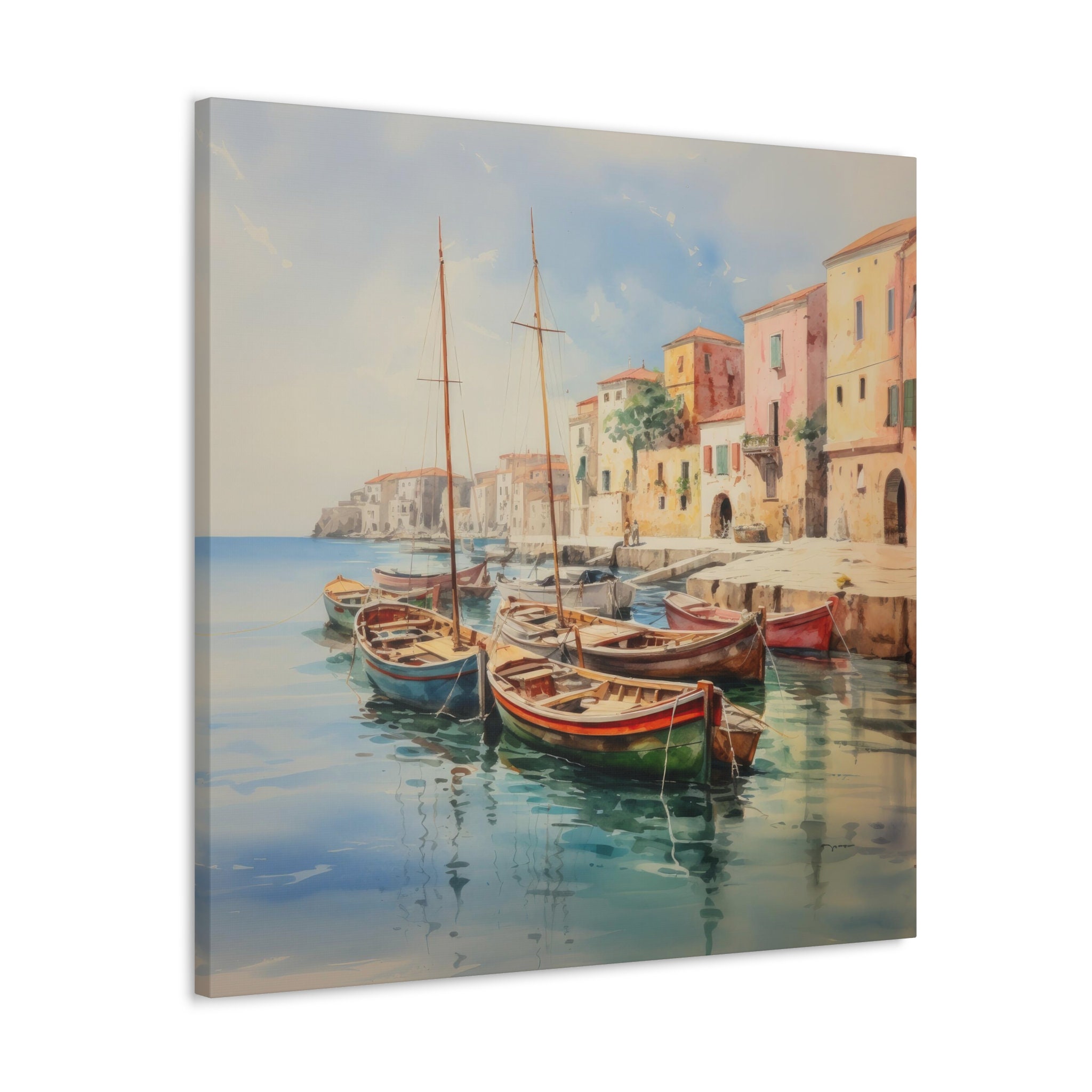 Vintage Italian Harbor Scene, Square Canvas Wall Art, Watercolor Boat ...
