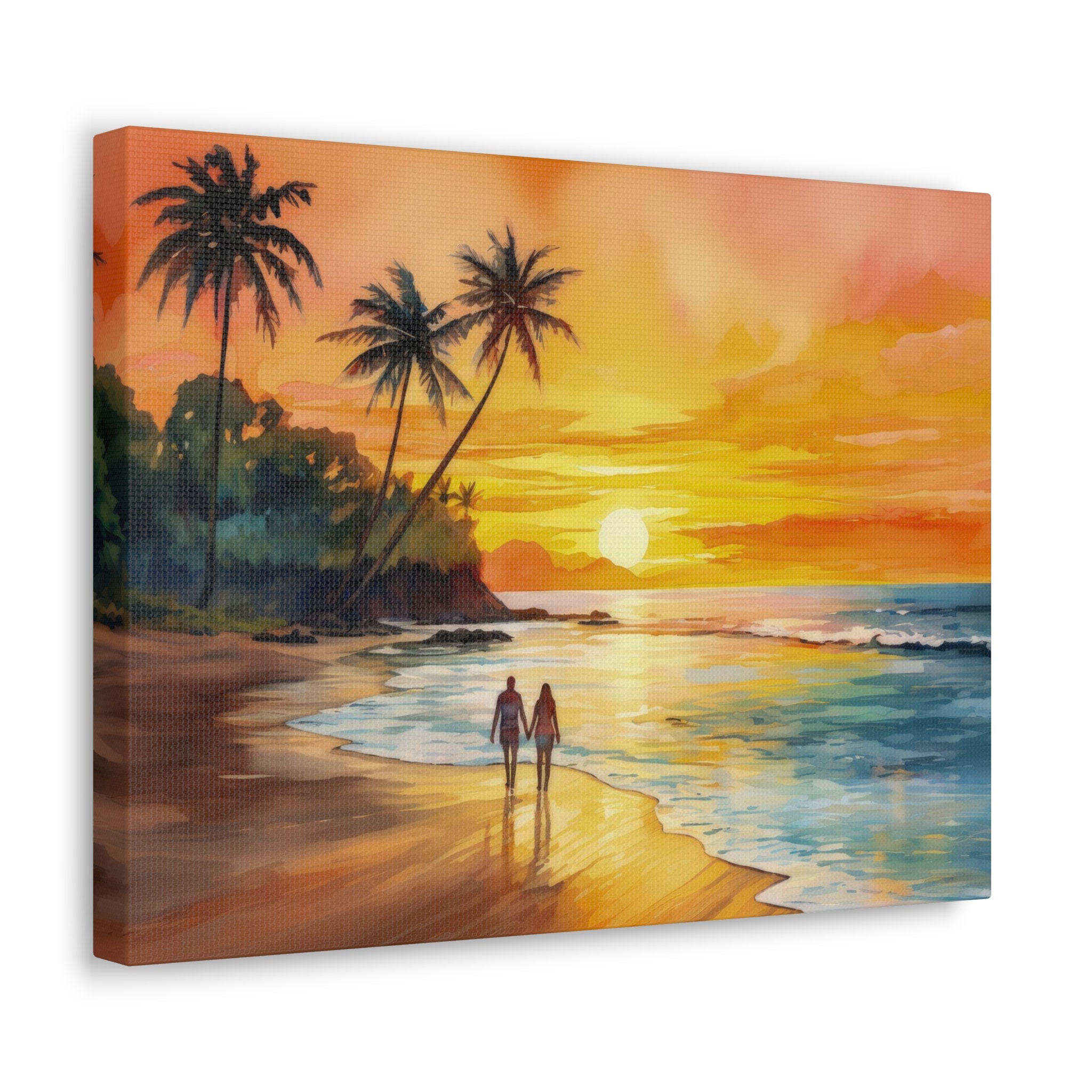 Sunset Beach Walk, Romantic Watercolor Canvas Art, Couple's Beachscape ...